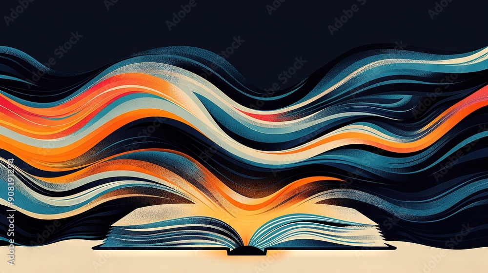 Abstract painting of a book with undulating lines on its cover and a ...