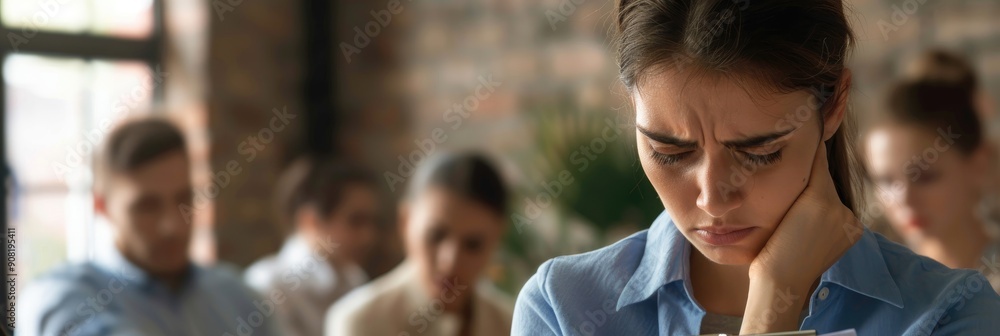 Woman feeling anxious in a business meeting highlighting mental health ...