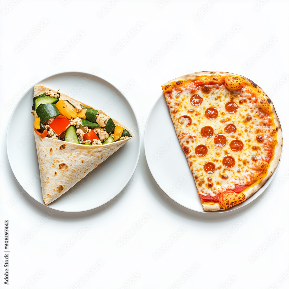 A white background with two plates side by side: one with a veggie wrap ...