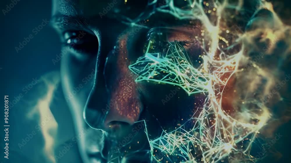 A close-up of a human face with a futuristic digital overlay, creating ...