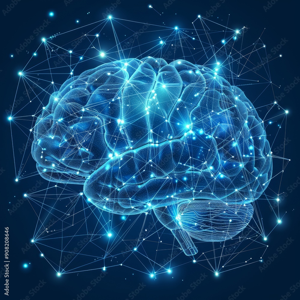 This is an illustration of a human brain with a blue glow on a dark blue background. The brain ...
