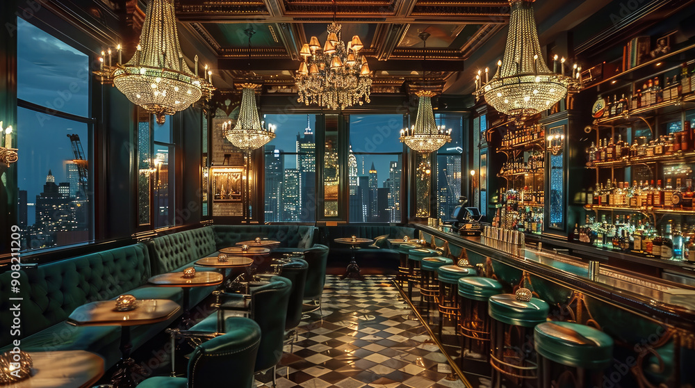 An opulent speakeasy bar with green velvet seating, illuminated by ...