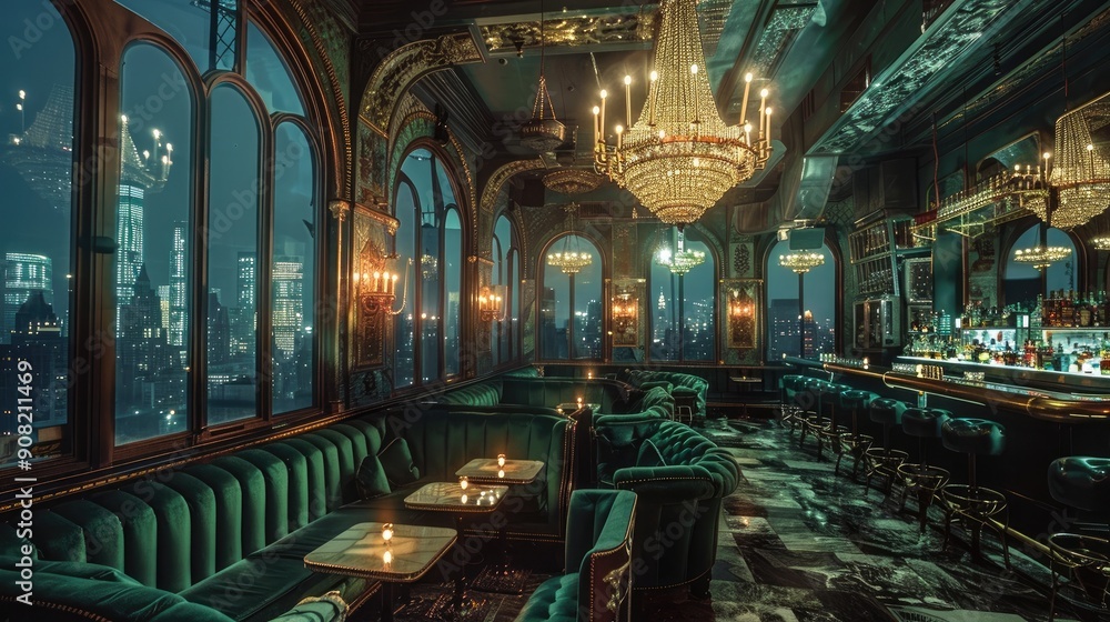 An opulent speakeasy bar with green velvet seating, illuminated by ...