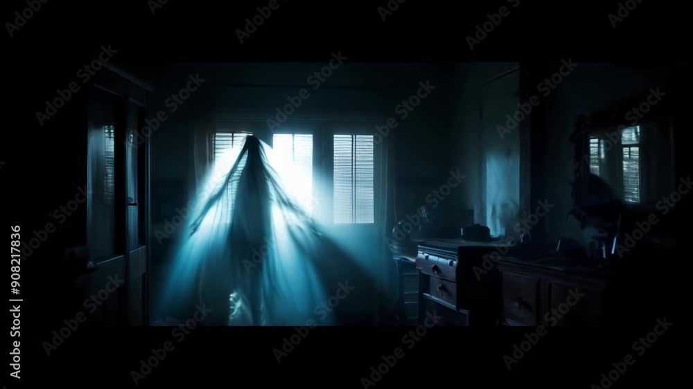 Blurred ghost silhouette in bedroom window at night horror scene on ...