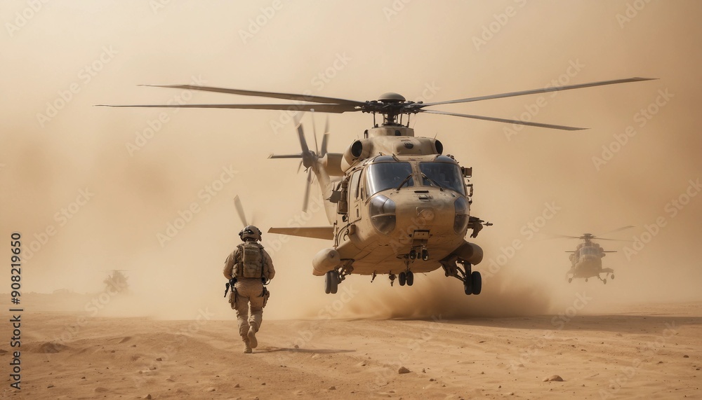 military helicopter arriving to pick up a group of special operations ...