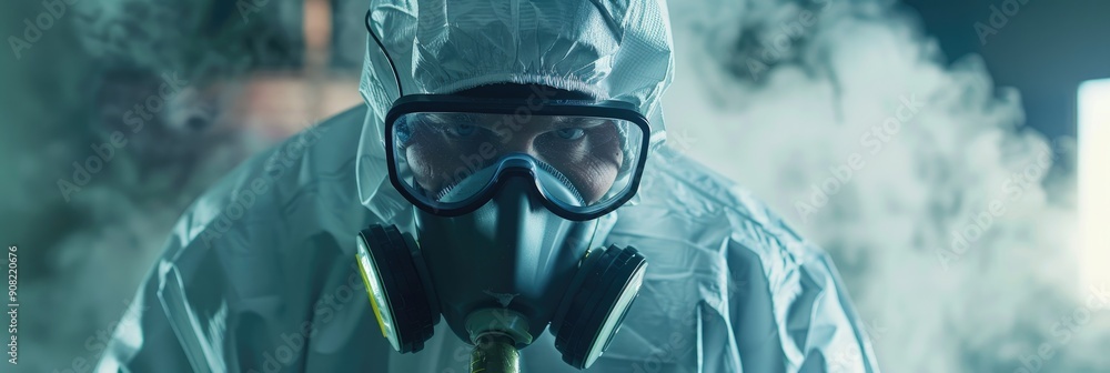 Worker in Hazmat Suit and Mask Cleaning Hazardous Waste with Spray ...