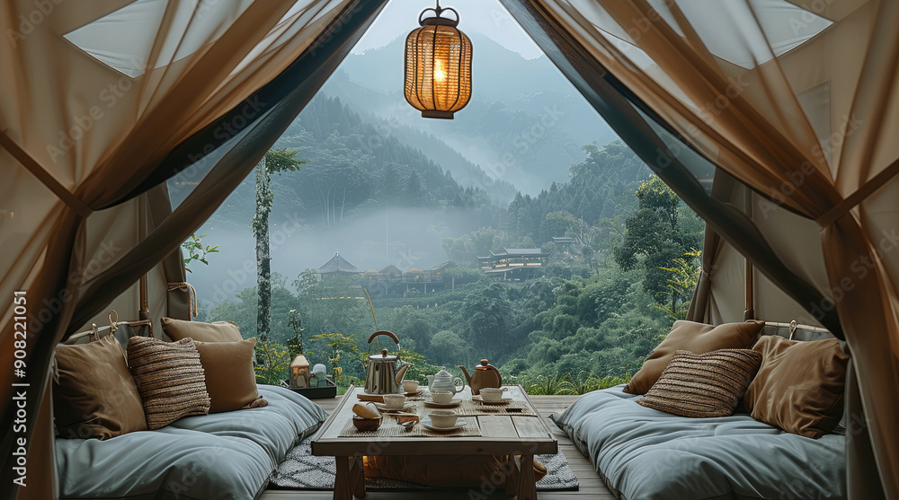 A cozy and luxurious tent setup with two cushioned sofa facing each ...