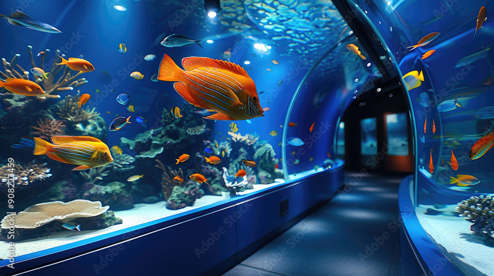 Oceanarium, various marine fish, special display boards, creative ...