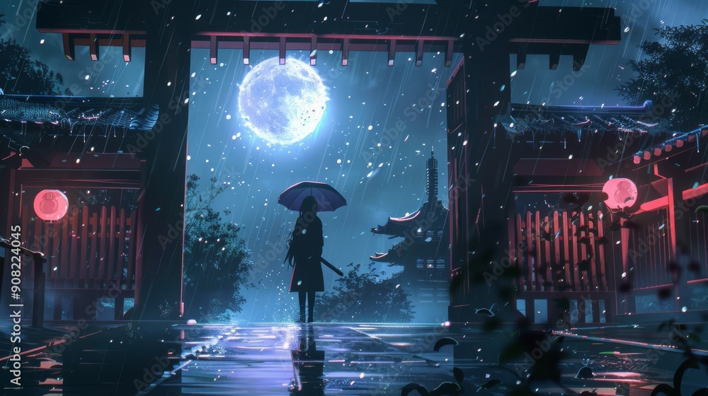Lofi anime girl standing on rainy night temple. Under the bright moon ...