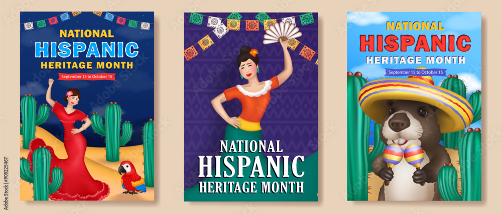 Collection of 3d cartoon Hispanic Heritage month greeting cards with ...