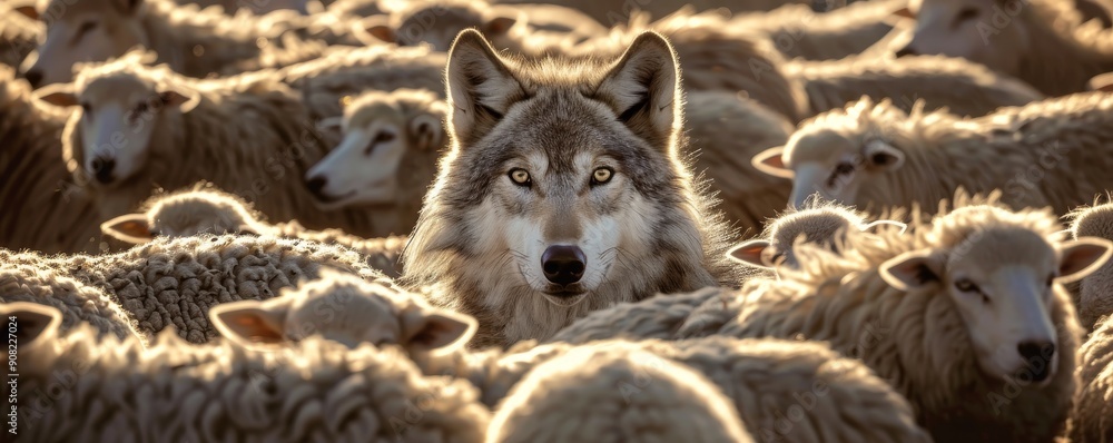 Wolf in Sheep's Clothing - Close Up of a Wolf Among Sheep, Wolf, Sheep ...