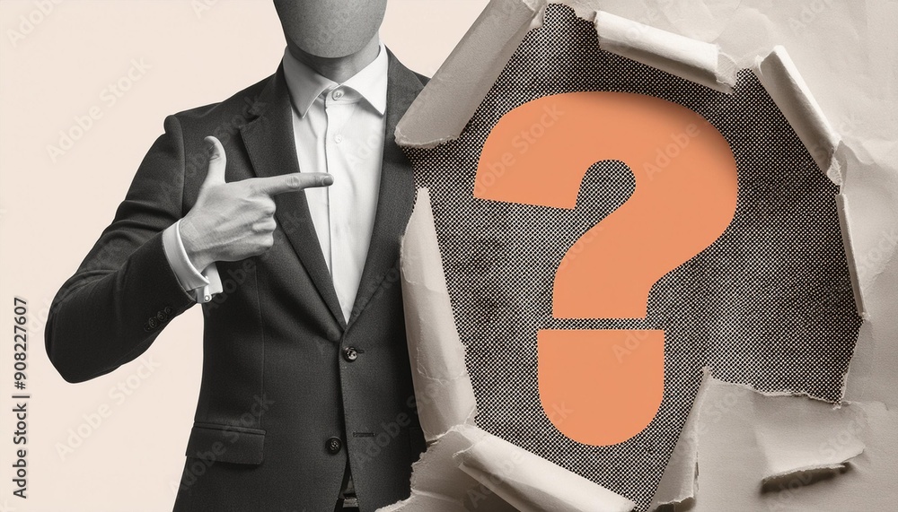 Modern collage with pointing hand and question mark. Paper cutout. Torn ...