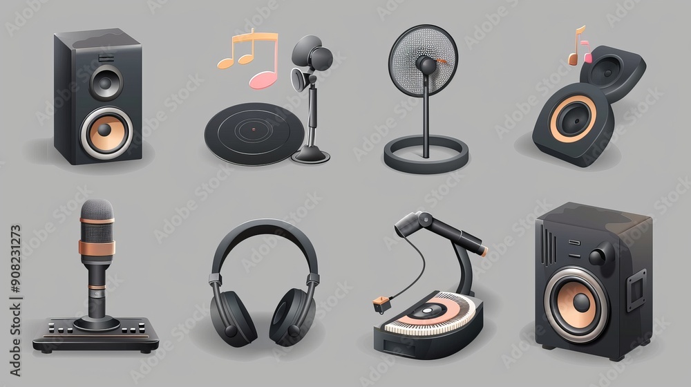 Music 3d icon set. Equipment for listening and recording sound ...