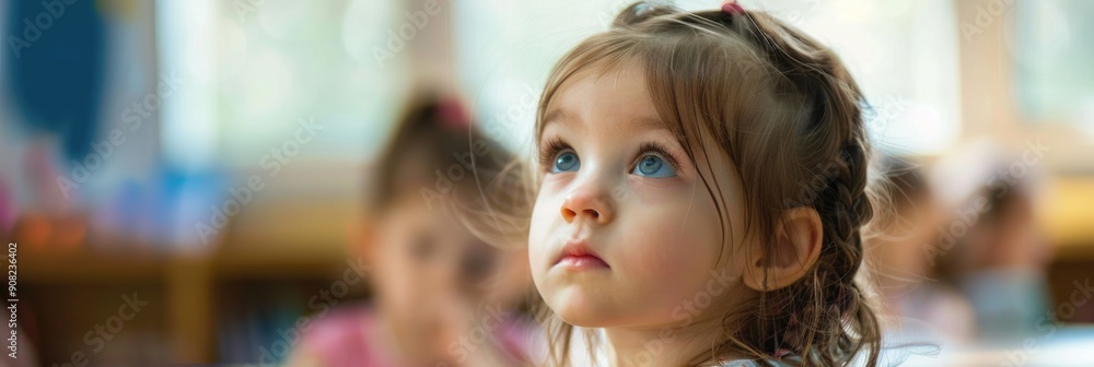Young girl attentively listening in a classroom with classmates ...