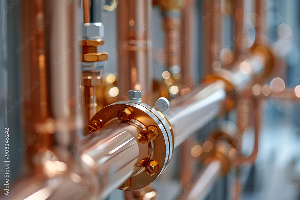 Plumbing service, Close-up of copper pipes and fittings in a boiler ...