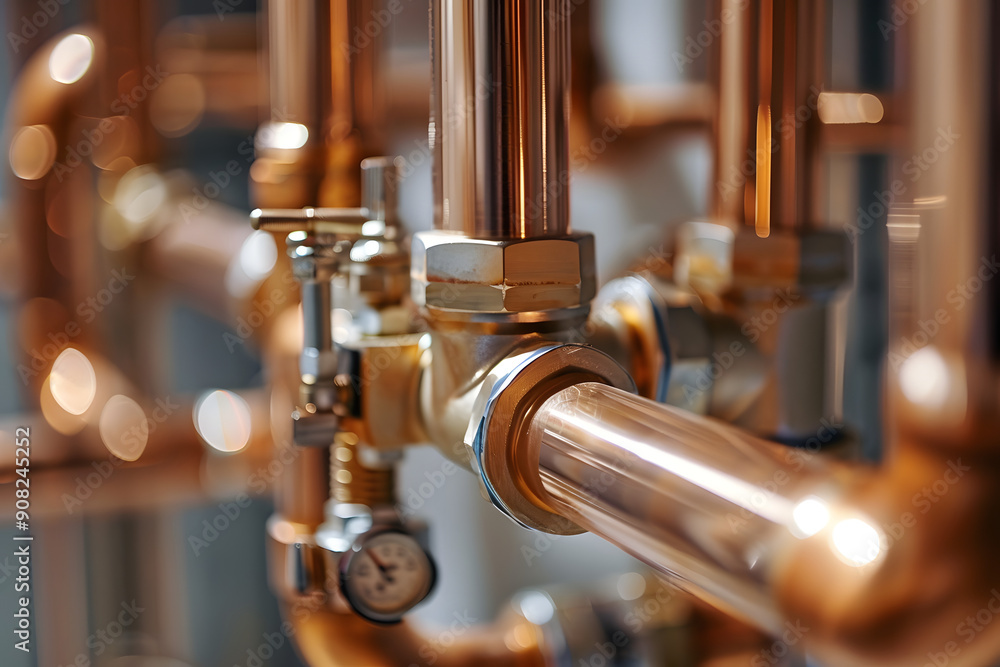 Plumbing service, Close-up of copper pipes and fittings in a boiler ...
