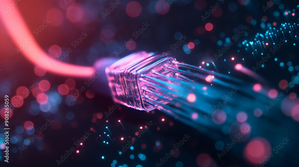 Neon glowing optic fiber cable technology background. Digital internet ...
