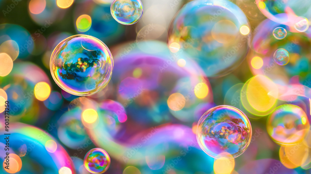 Colorful liquid soap bubbles in sphere circle ball shape floating in ...