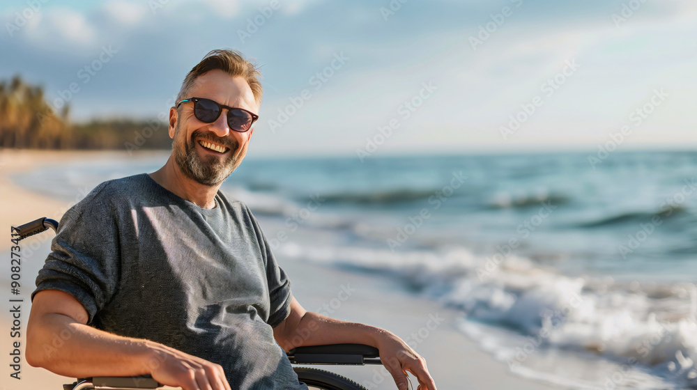 Happy smiling middle-aged man wearing sunglasses, sitting in wheelchair ...