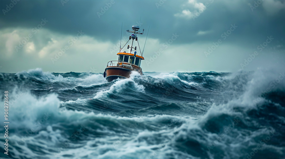 Fishing boat or ship on sea or ocean water during storm. Waves and wind ...