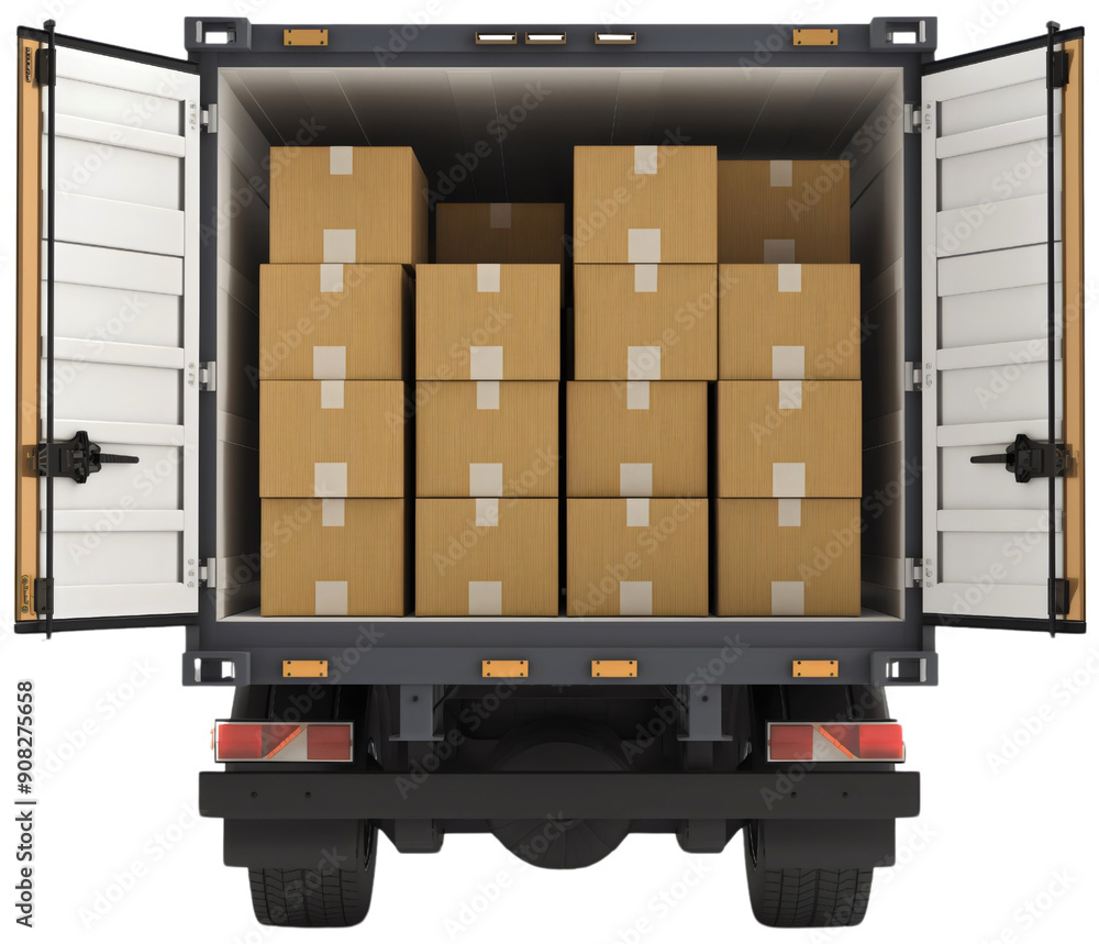 Rear back view of truck full of cardboard box packages isolated. Cargo ...
