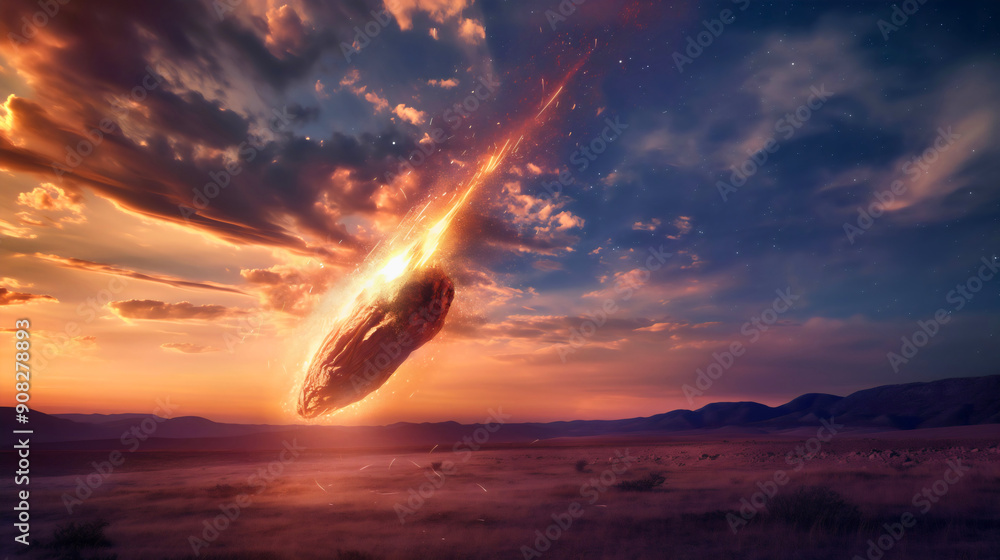 Meteor stone rock on fire hitting the ground on planet earth surface. Asteroid meteorite comet ...