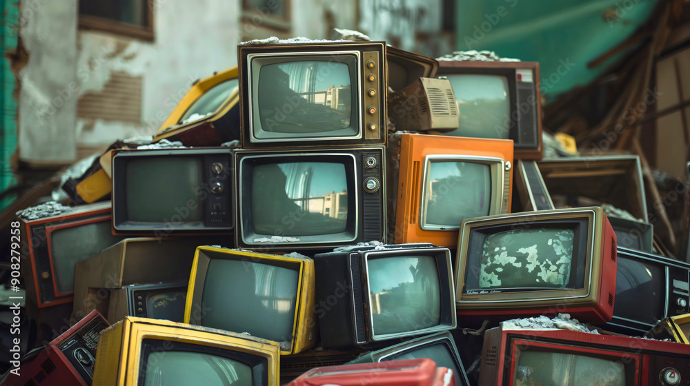 Pile stack of vintage old retro antique television TV's. Ancient ...