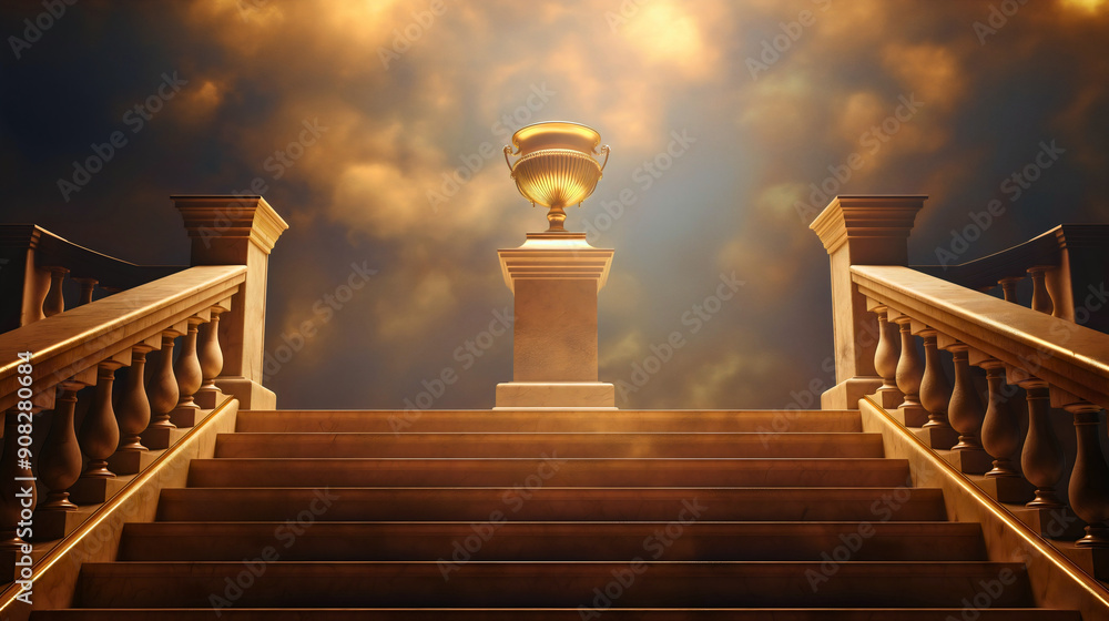 Staircase leading to shiny golden trophy. Reward after you climb ladder ...