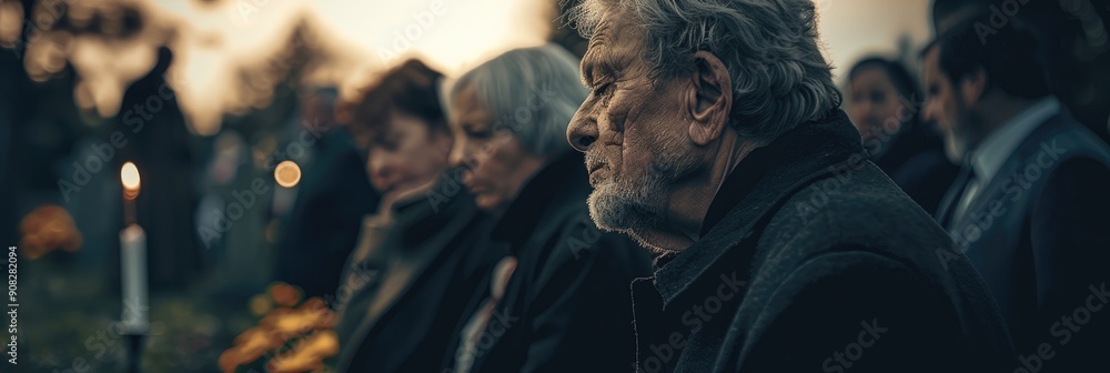 Funeral procession loved ones grieving at graveside with somber ...