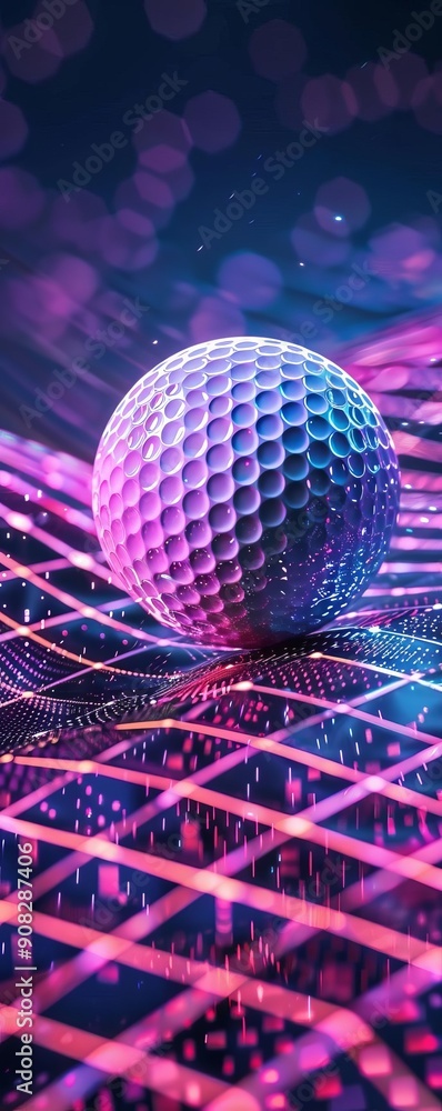 Futuristic purple golf ball on a glowing digital grid background ...