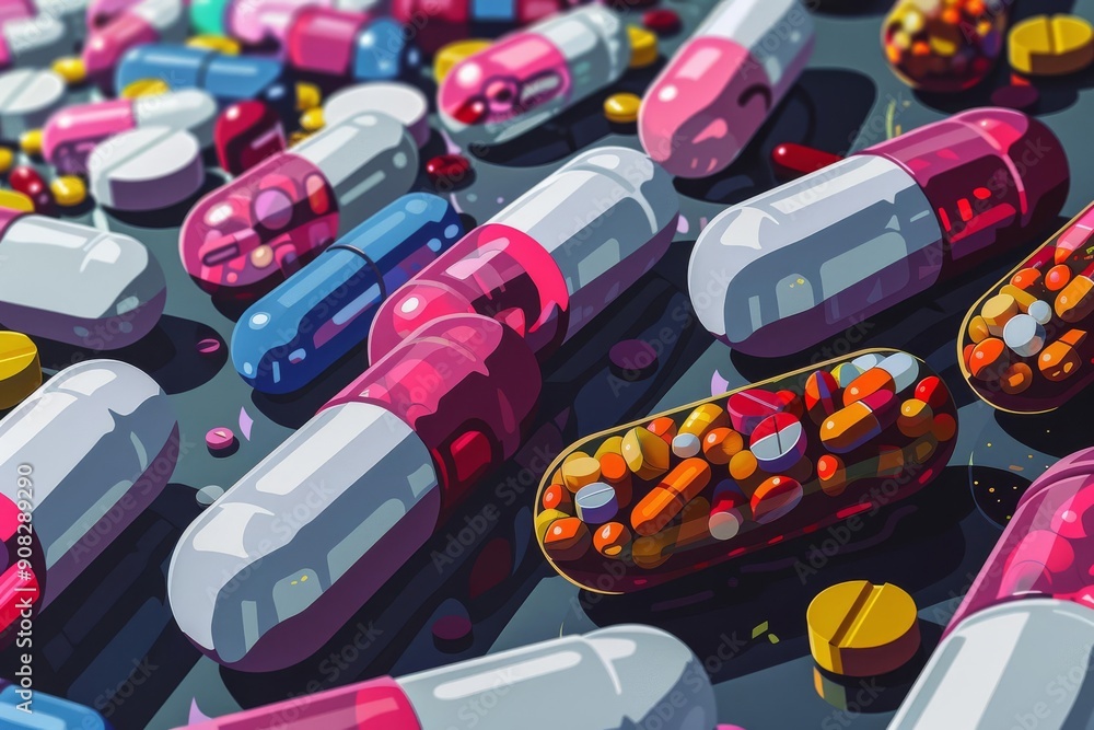 Colorful variety of medications, including capsules and tablets ...