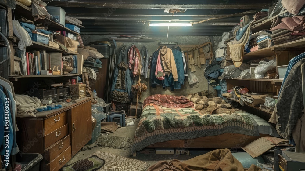 Cluttered basement with bed, furniture, and clothes. The photo depicts ...