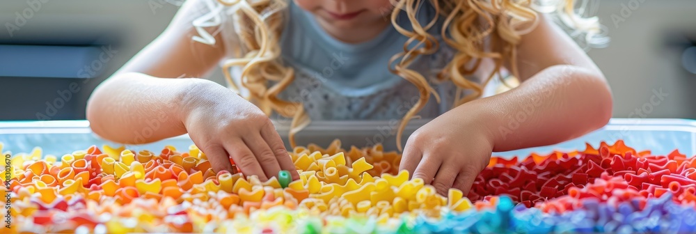 Child enjoying sensory bin filled with rainbow colored dried pasta Dyed ...