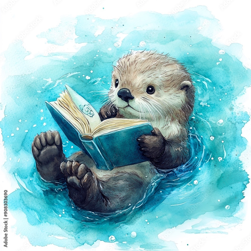 baby sea otter floating in water on its back reading book in his paws ...