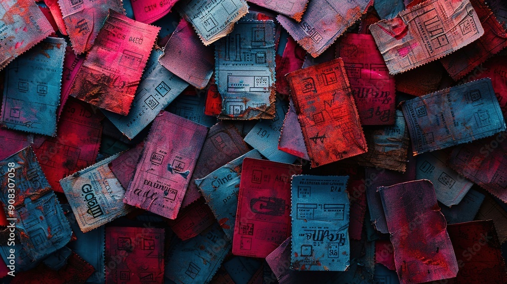 Chaotic Arrangement of Used Event Tickets, a pile of red and blue ...