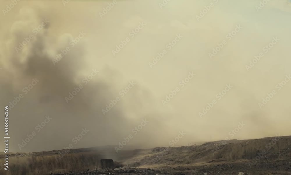 Smoke Plume Rising: A dramatic, large, plume of smoke rises into the sky, casting a hazy shadow ...