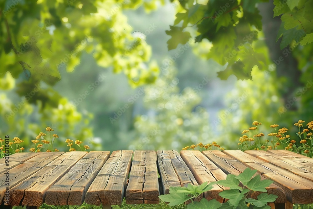 Empty wooden table with garden bokeh for a catering or food background ...