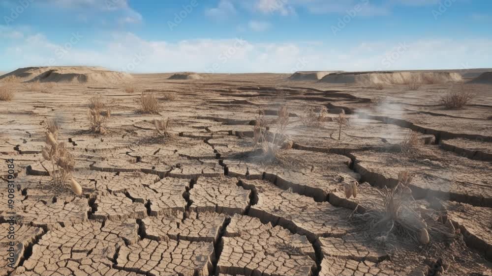 Arid cracked earth landscape under a clear blue sky, highlighting the ...