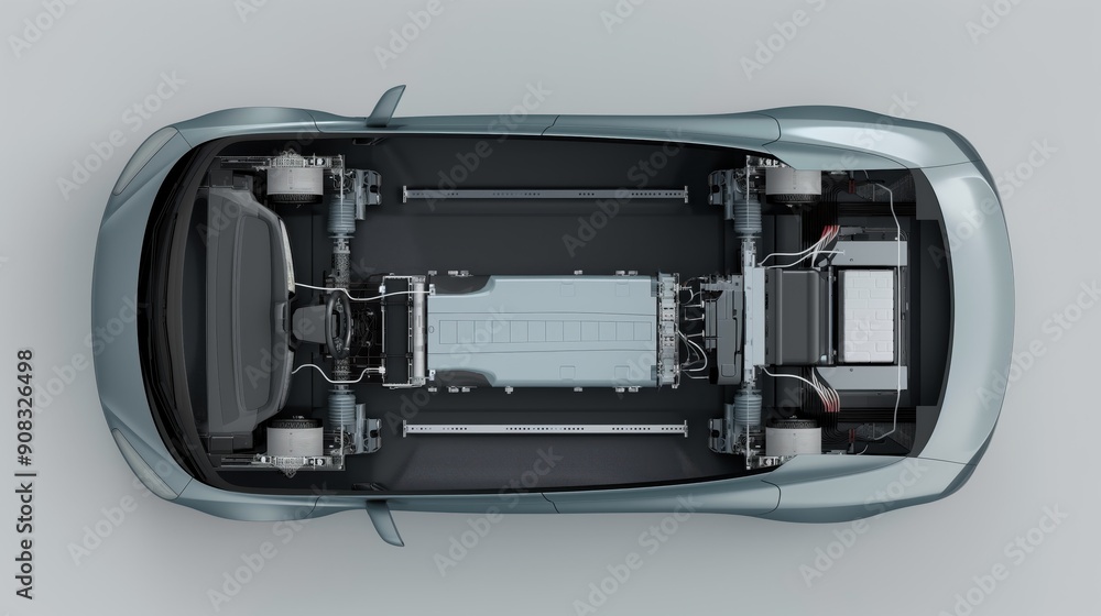 Advanced battery technology, Overhead perspective of an electric car ...