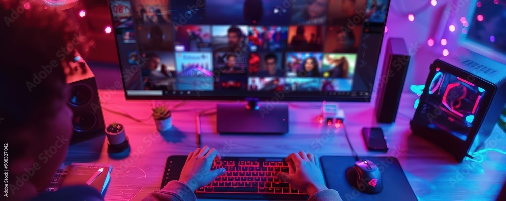 A modern desktop setup with a person selecting shows on a streaming ...