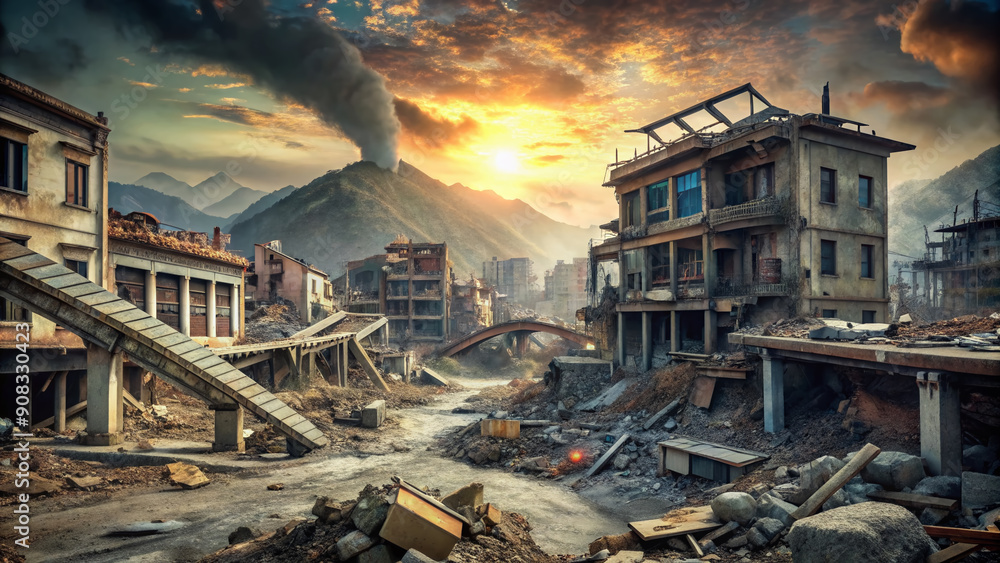 Collapsed buildings, rubble, and debris filled streets, with twisted ...