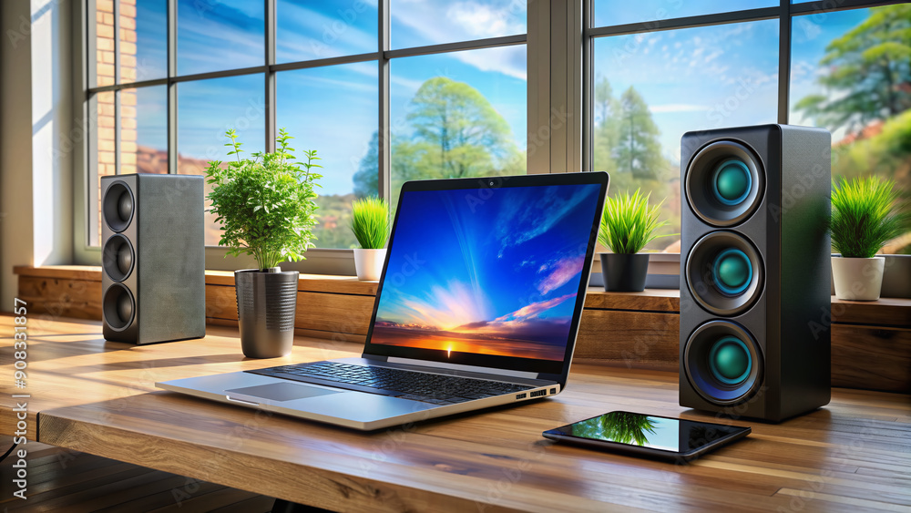 High-tech desktop setup featuring sleek black speakers connected to a ...