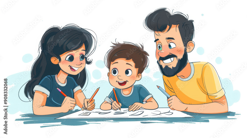 Cartoon illustration of a happy family drawing together, depicting a ...