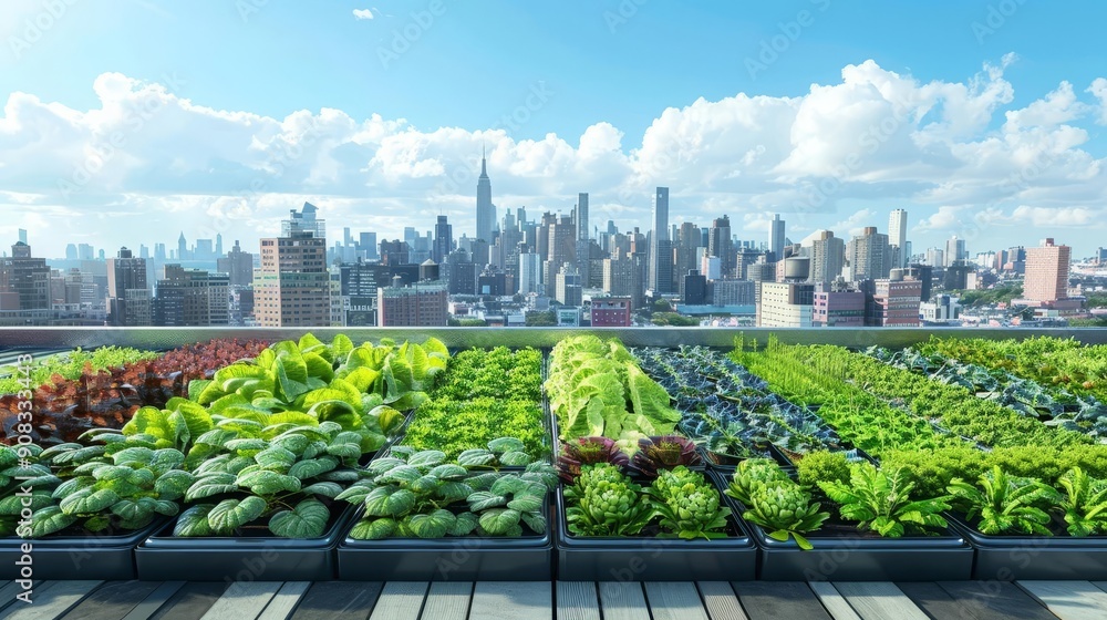 Urban rooftop farm with diverse crops and cityscape, Urban rooftop ...