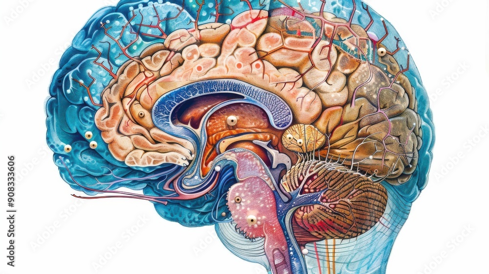 A detailed illustration of a brain with highlighted regions indicating ...