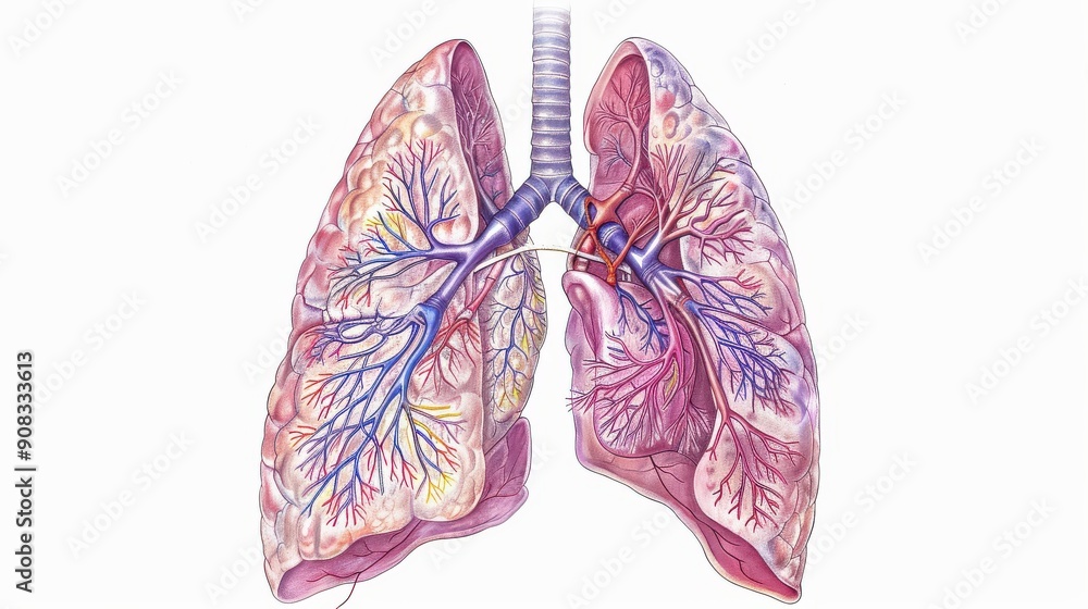 A detailed illustration of the respiratory system, showing the lungs ...