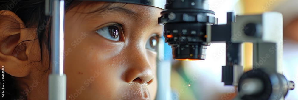 A child undergoing a detailed eye examination using a slit lamp ...