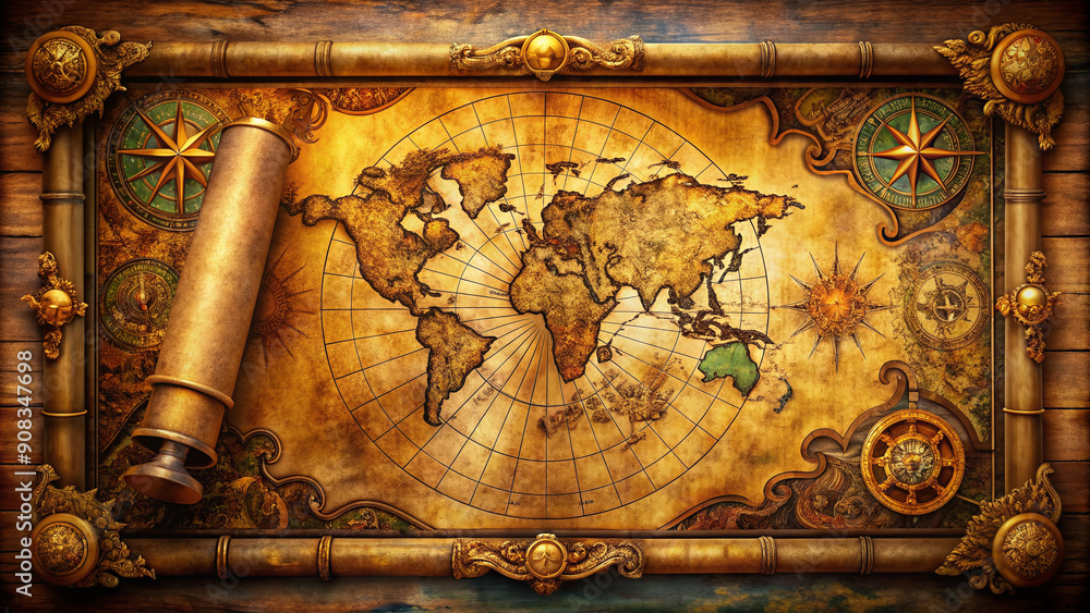 Mystical ancient scroll with intricate golden borders and ornate ...