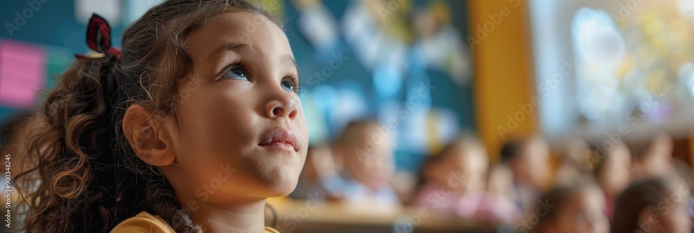 Young girl attentively listening in a classroom with classmates ...