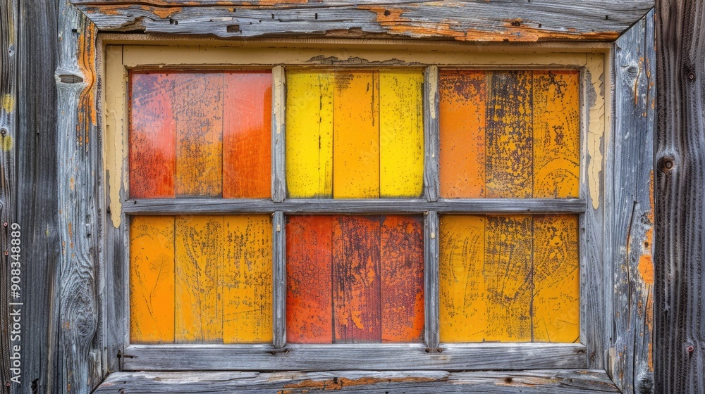 Rustic window with colorful yellow and orange panes on antique wood ...